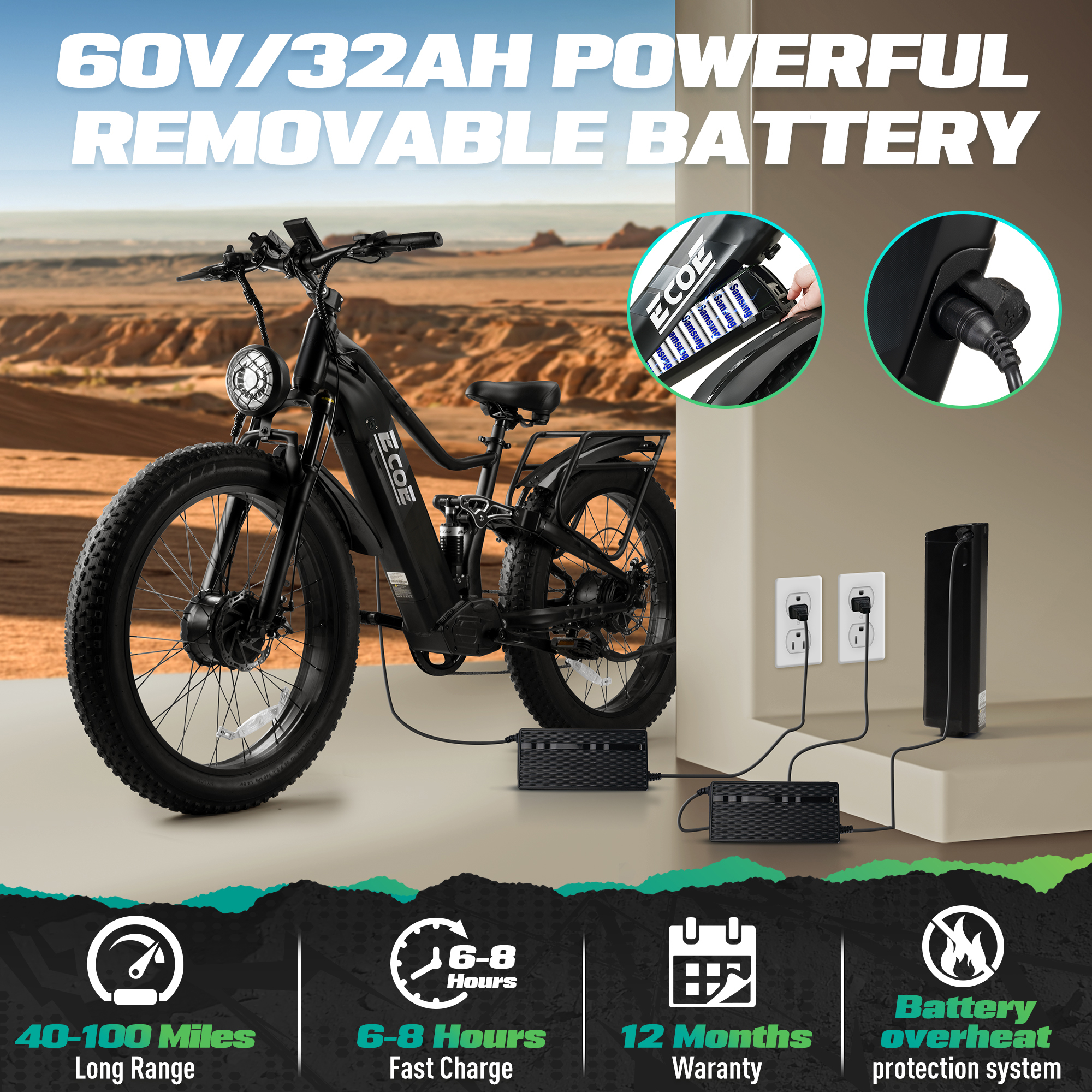 EcoE bikes - 5000w electric bike – EcoE 5000W Dual Motor Electric Bike for Adults 28MPH with 60V ...